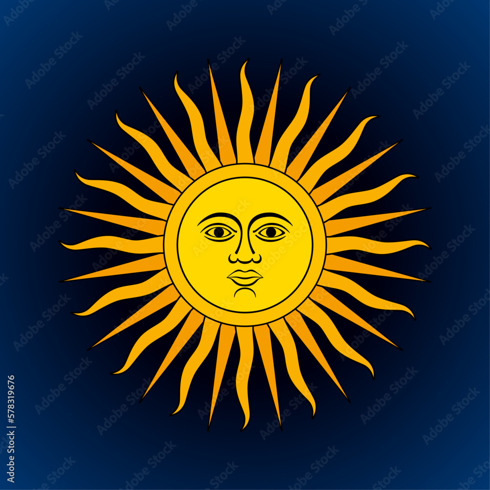 Sun symbol on dark blue background. Analogue to the Sun of May, a ...