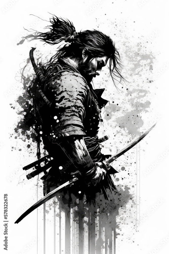 Japanese samurai - black and white ink art illustration created using ...