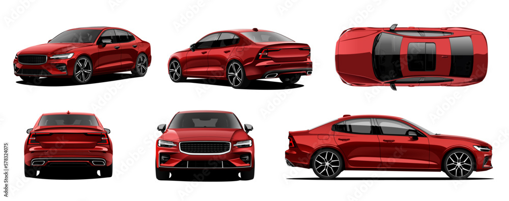 realistic vector car in red color with gradients. view in front, back ...