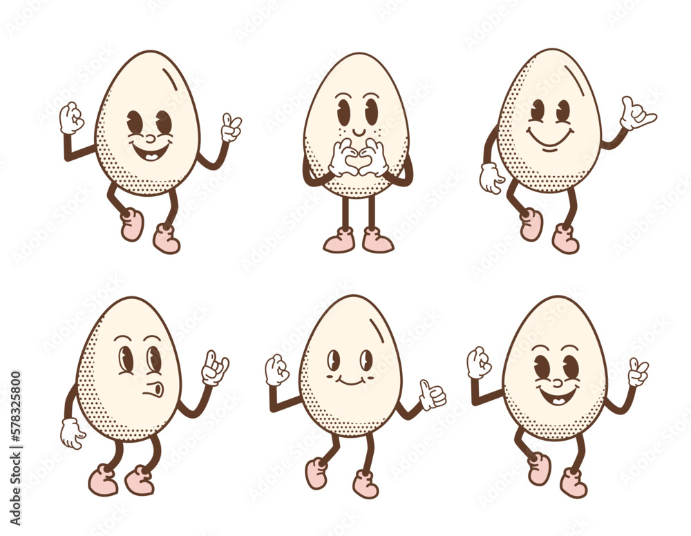 Retro cartoon smiling egg mascot character walking jumping standing ...