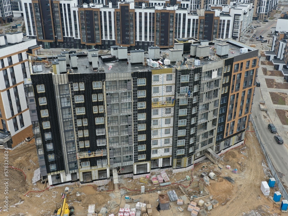 Newly erected high-rise residential building in Europe. A new building ...
