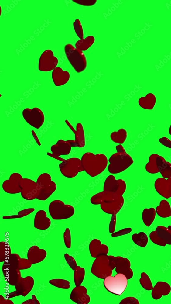 vertical video animation - 3d model of glossy red hearts on green ...