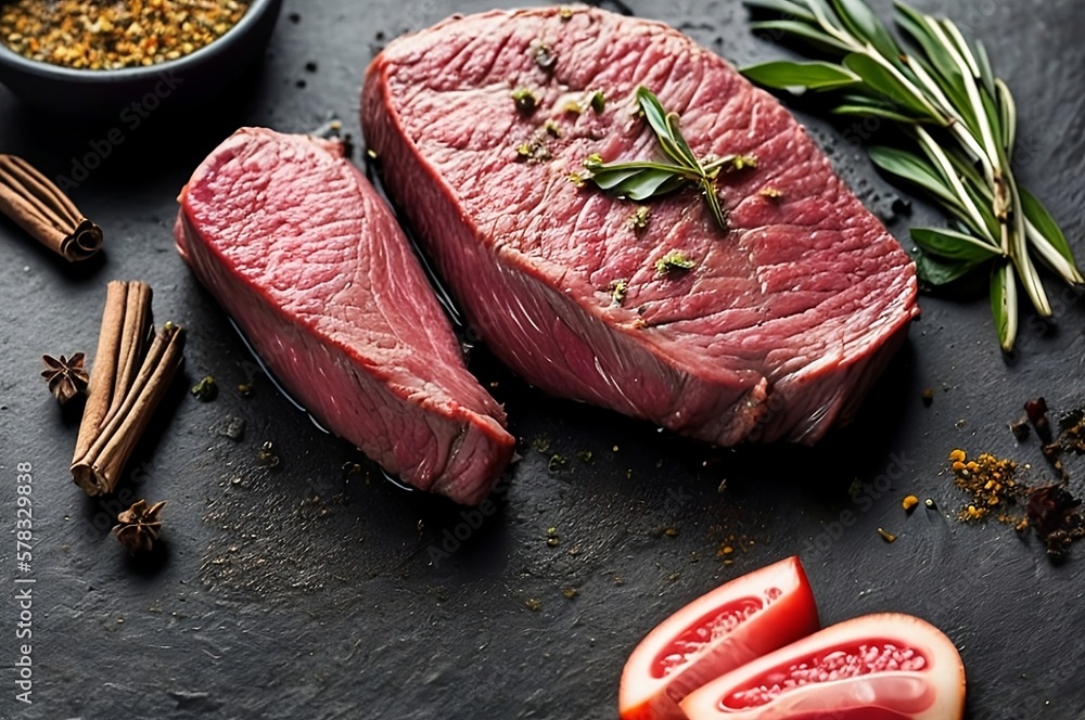 Carne jugosa en una superficie gris neutra. Deliciosa carne en una mesa ...