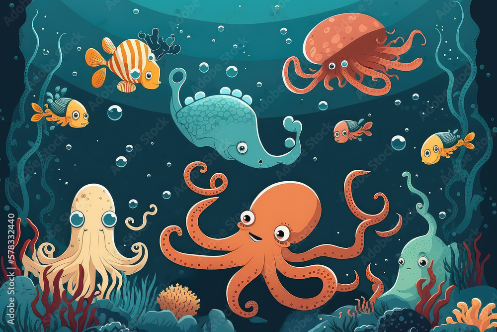 Seabed with mammals, underwater world. Animals of the sea. Background ...