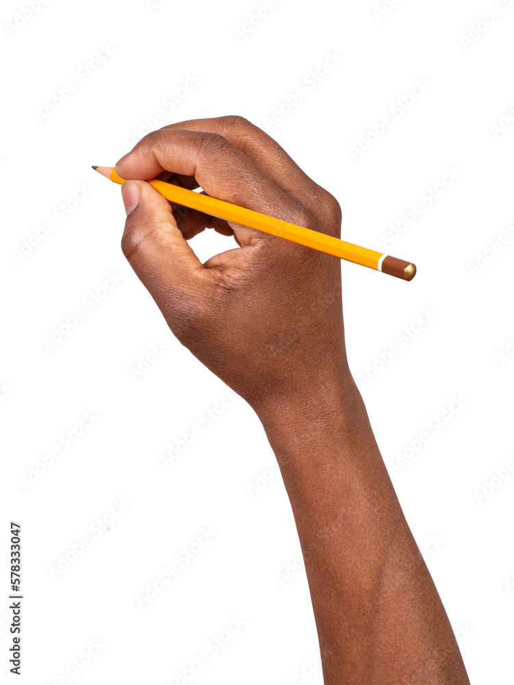 Man holding a pencil in a hand and writing or drawing, isolated on ...