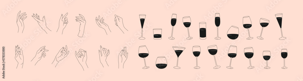 Collection of different woman hands gestures hold wineglass or drink ...