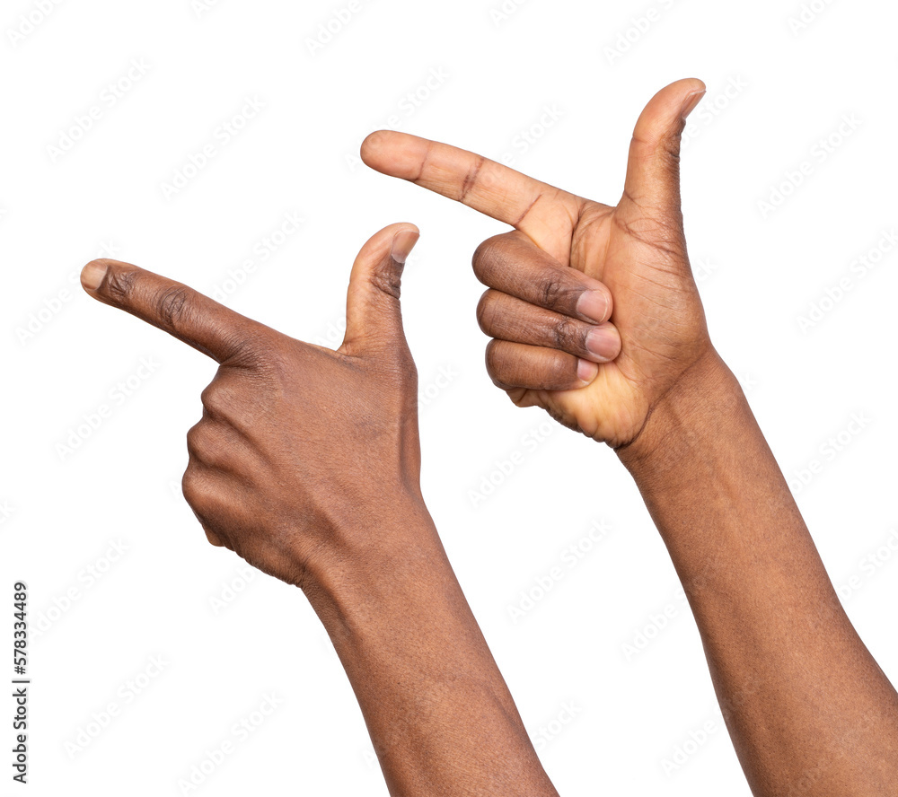 Man pointing finger in order to show something, isolated on white or ...