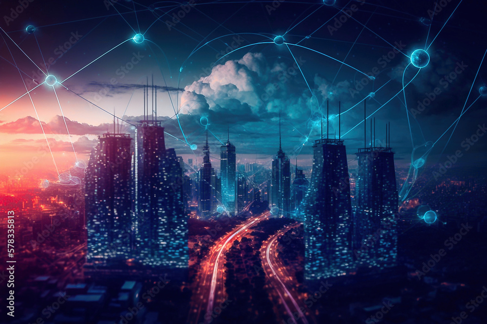Telecommunication connections above smart city. Futuristic cityscape ...