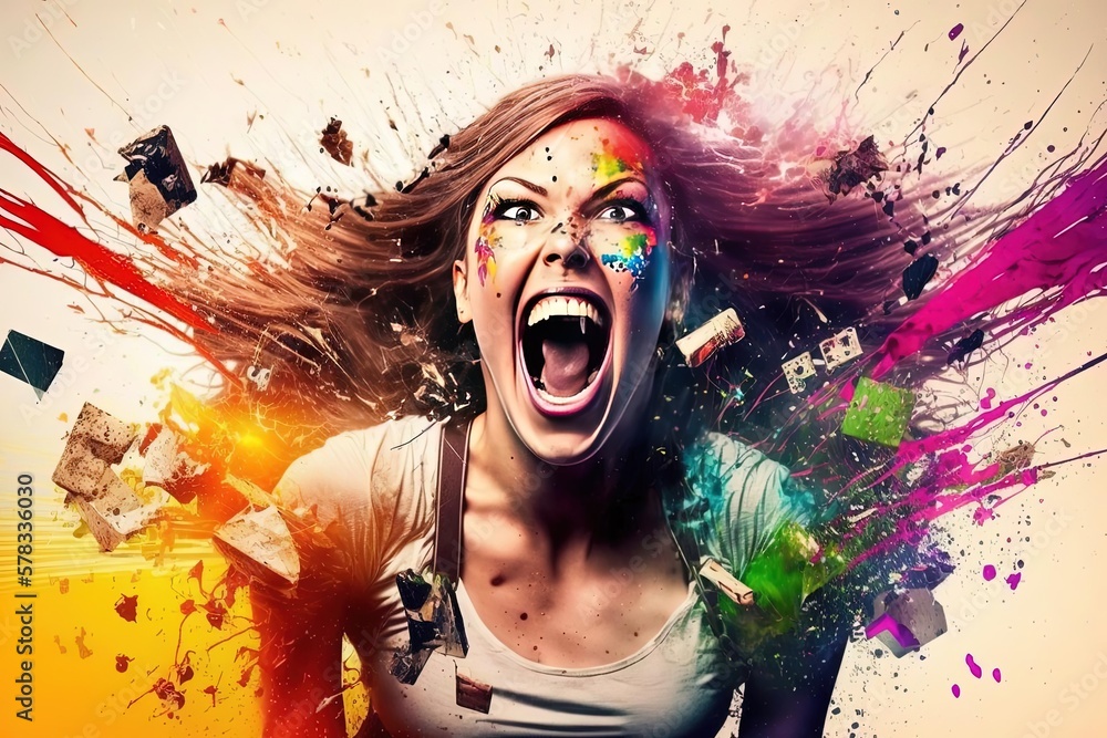 Colorful Gamer Woman in Shock Art with Ecstatic Face Expression and ...