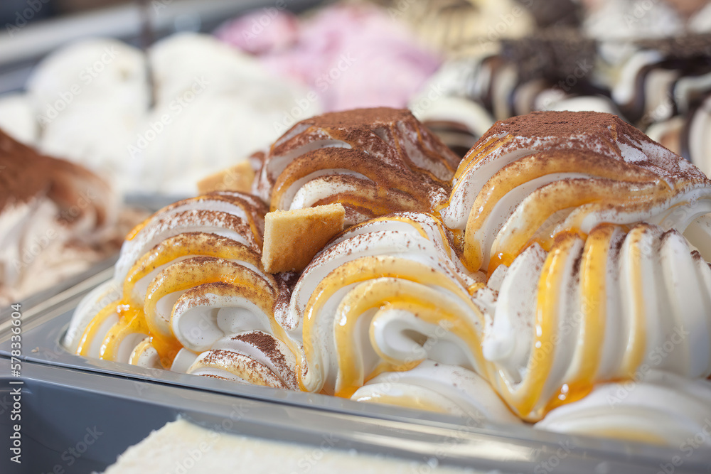 Display window in a store or ice cream parlour of assorted ice cream ...