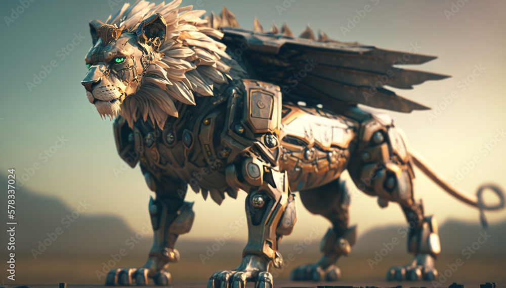 Mechanical Robot Lion Landscape. Armored Mechanical Lion king on ...