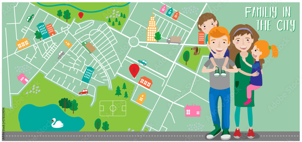 Cute map vector. Happy people, family with children, cute animals ...