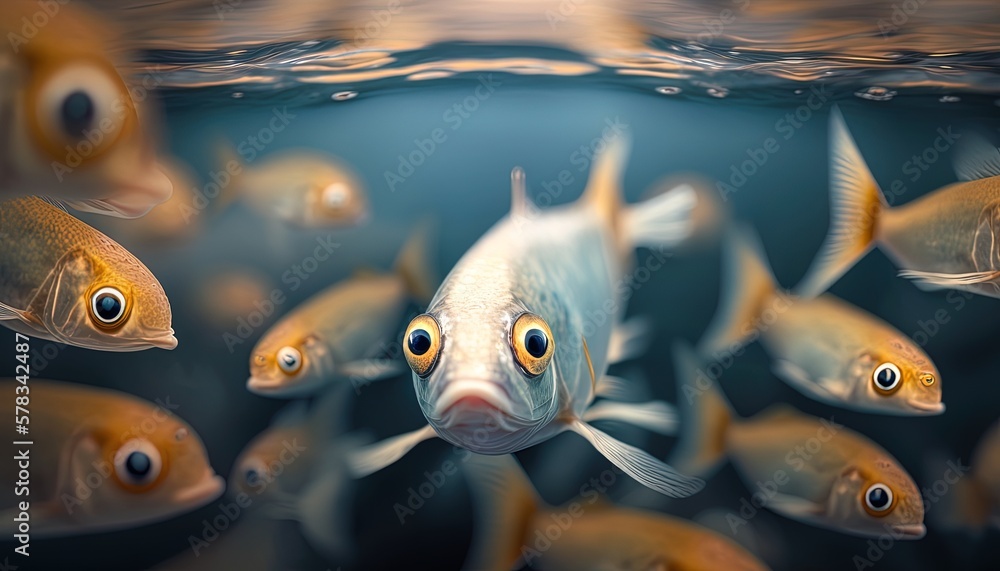 Sad scared little fish in group of others. Concept AI generative ...