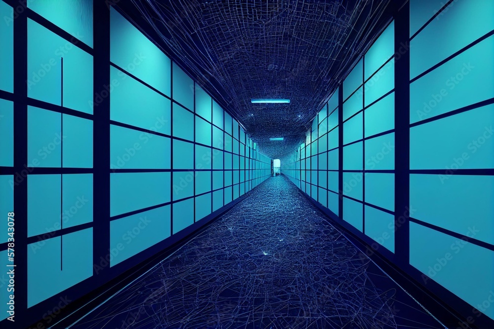 Generative AI illustration of abstract digital corridor with glowing ...