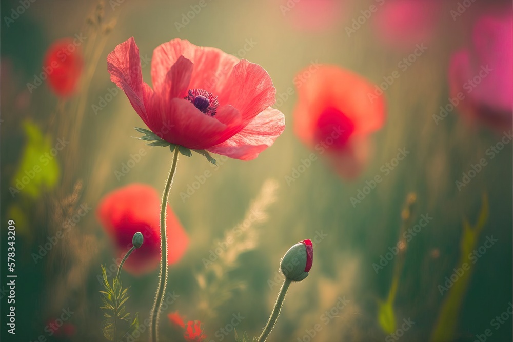 Portrait of a pink poppy in a meadow. Generative AI. Stock Illustration ...