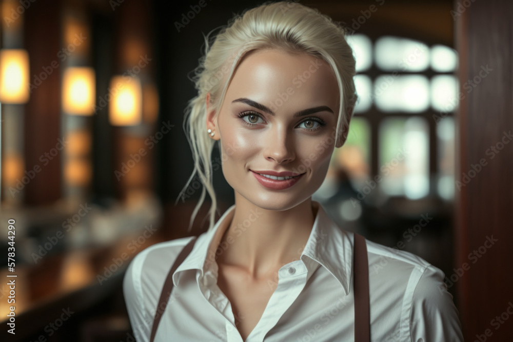 Beautiful blonde female bartender behind the counter of a coffee shop ...