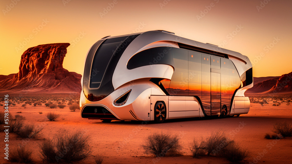 Motorhome high-tech with futuristic design, parked on desert ...