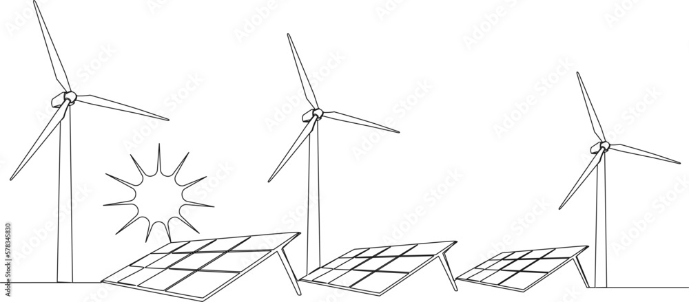 continuous single line drawing of solar energy and wind power concept ...