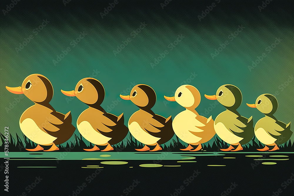Ducks and ducklings stand in a row. Digital minimal cartoon art style ...