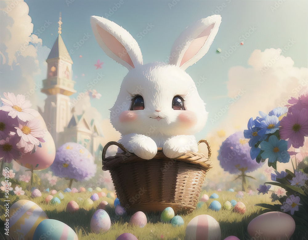 Cute white bunny with a wicker basket on a sunny meadow, Grass, flowers ...