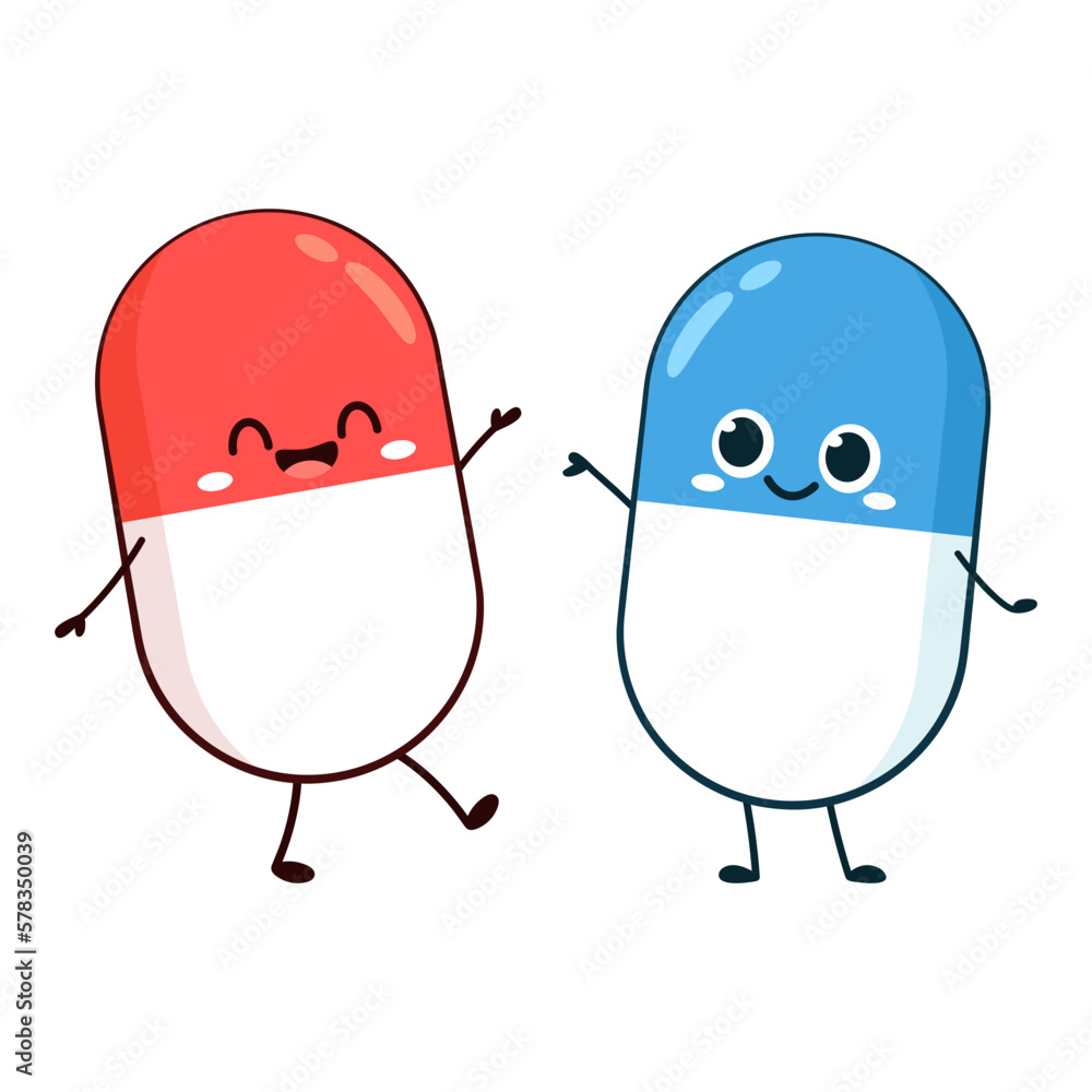 Cute cartoon character, medicine pill pharmacy mascot. Smiling, waving ...