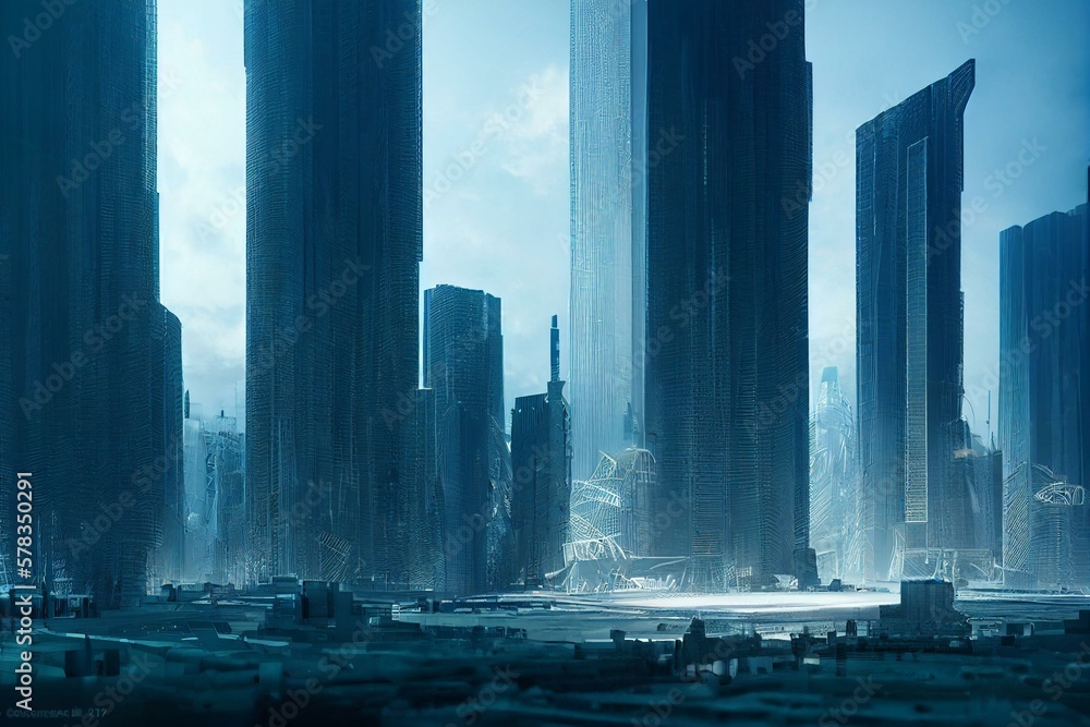 abstract future city of interconnected buildings and towers with ...