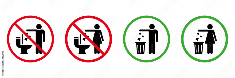 Keep Clean Toilet Silhouette Icon Set. Allowed Throw Rubbish, Waste ...