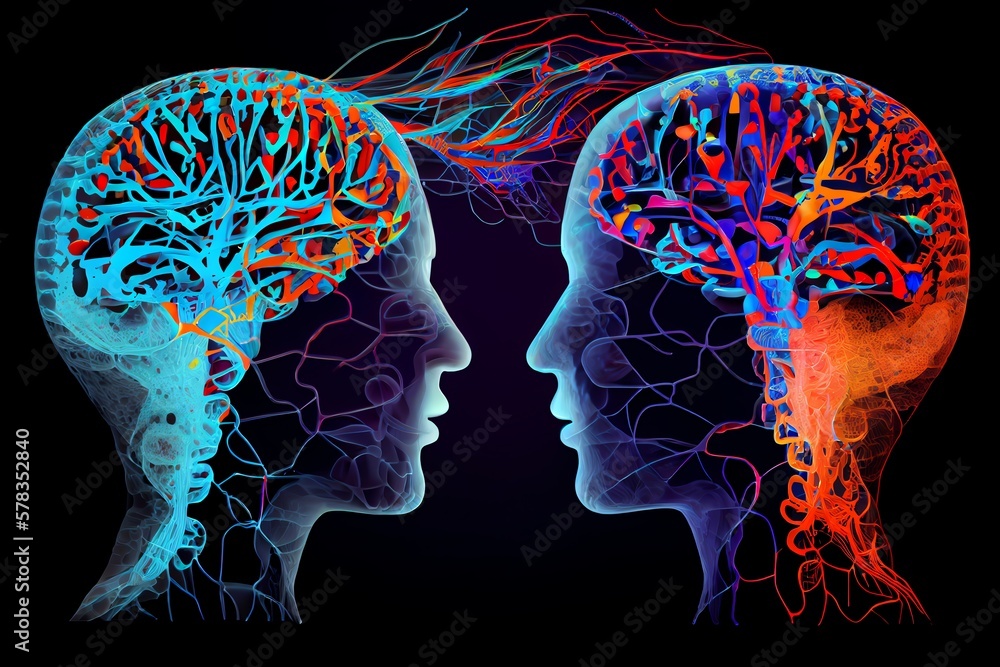 Human Heads And Brain. Comunication Concept. Neurological Connections Between Two Human Brains ...
