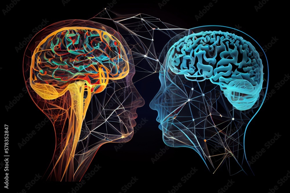 Human Heads And Brain. Comunication Concept. Neurological Connections Between Two Human Brains ...