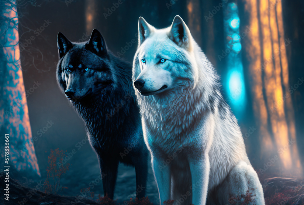 black and white wolf side by side in the forest, generative ai Stock Illustration | Adobe Stock