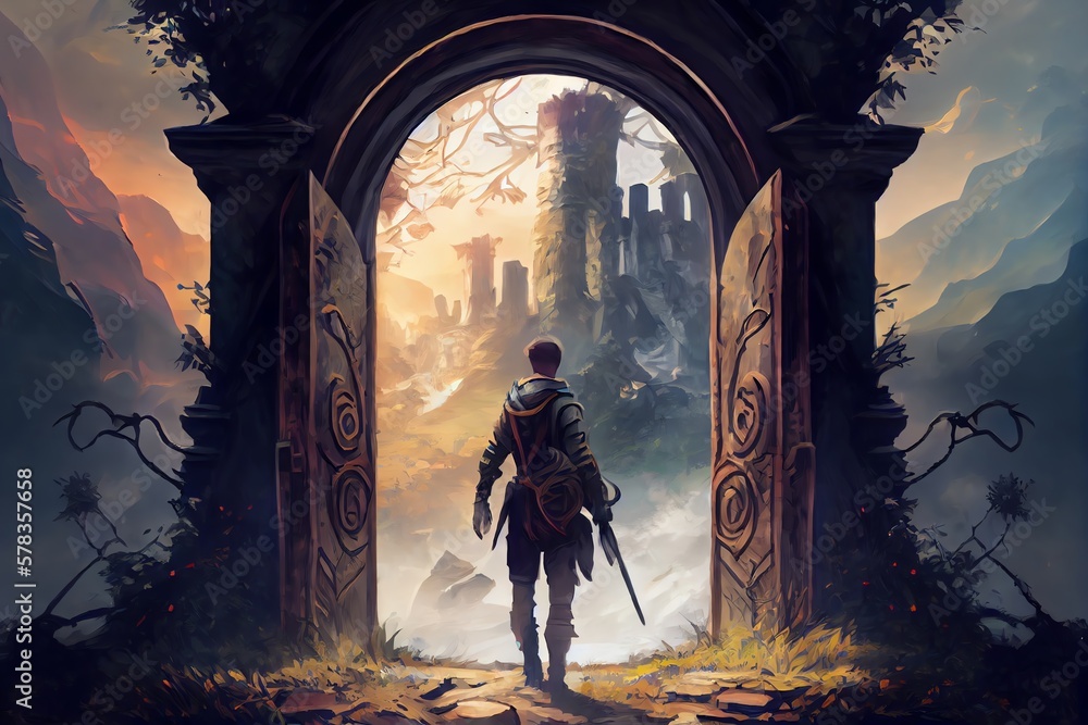 Adventurer Walking Through A Giant Gate To Another World, Fantasy Art ...