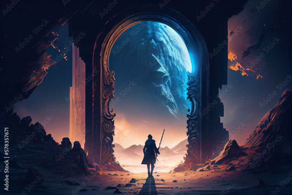 Adventurer Walking Through A Giant Gate To Another World, Fantasy Art ...