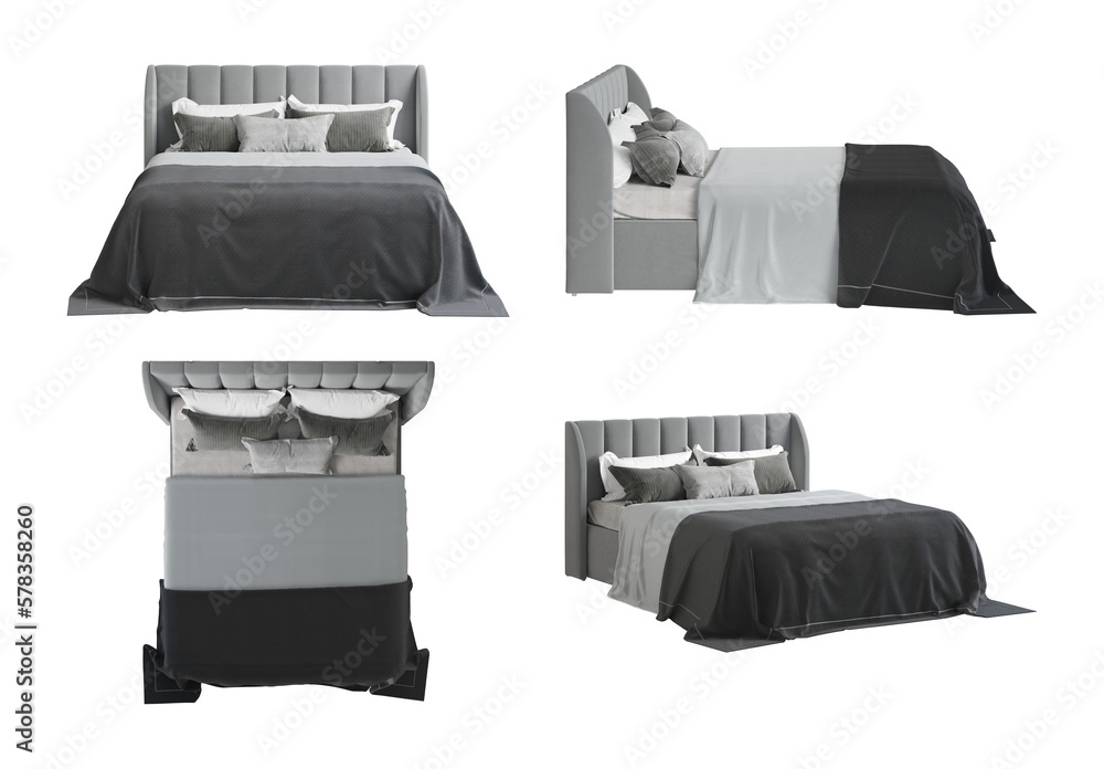 A set of four views of a modern bed with pillows, a gray textile ...