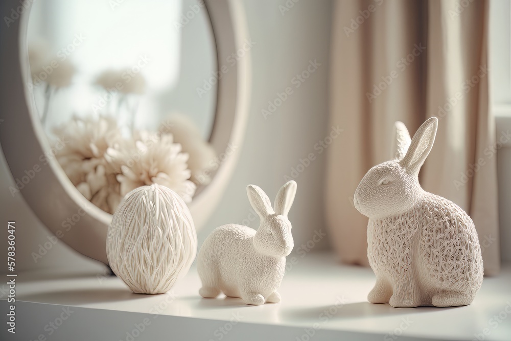 The cute Easter bunnies with eggs are laid on an empty modern, minimal ...