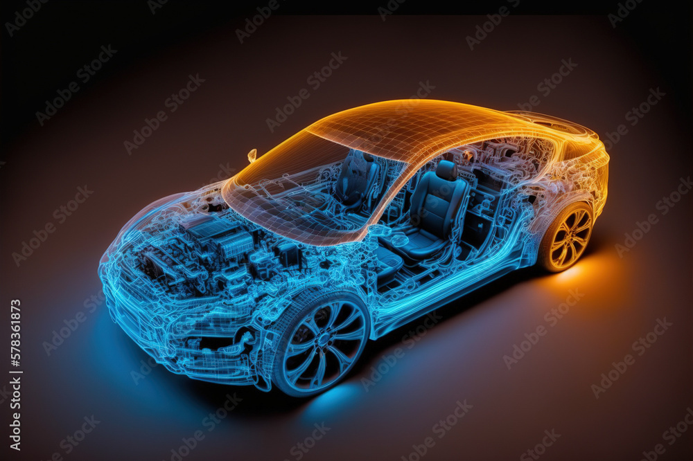 Virtual simulation of future electric car showing wireframe prototype model blueprint in display ...