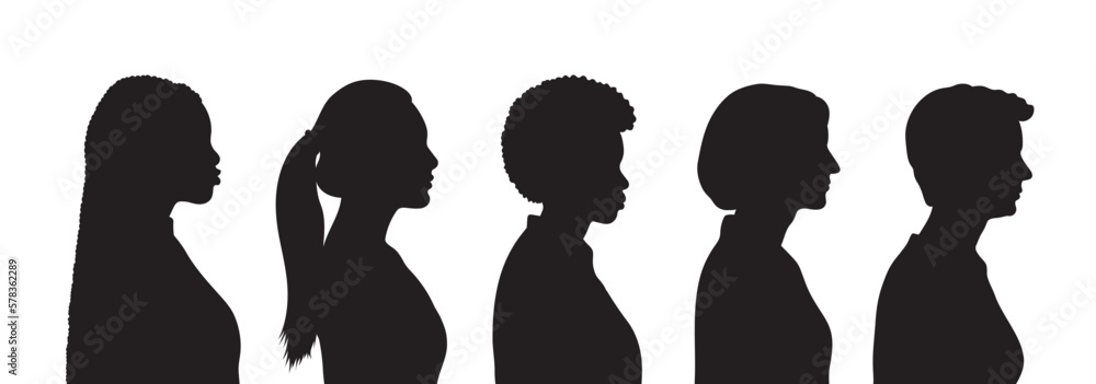 Diverse group of ethnic side view portrait silhouette vector. Different ...