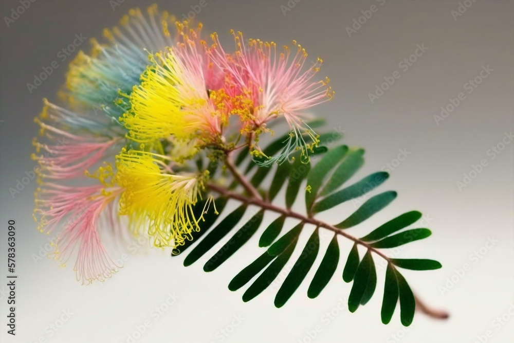 mockup still life scene of rainbow colors mimosa flowers, pastel light ...