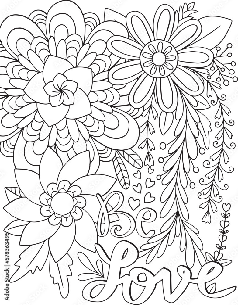 Hand drawn with inspiration word. Doodles art with heart and flowers ...