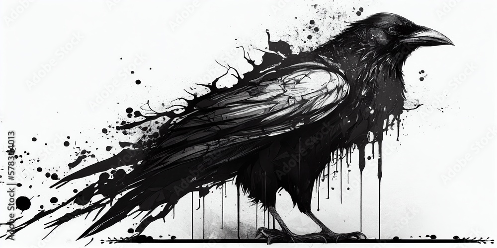 Drawing of a crow on a white background with black paint flying ...