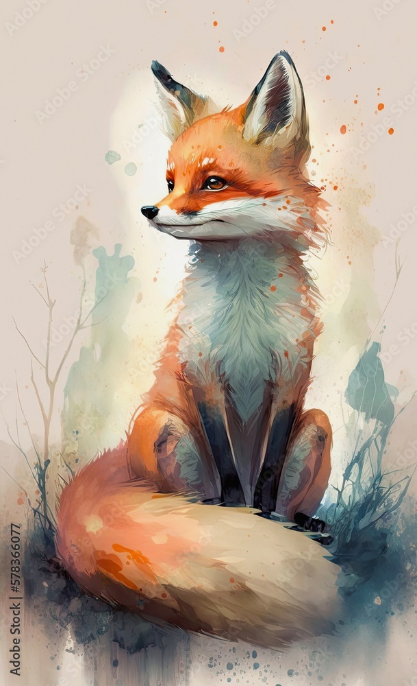 Watercolor illustration of a cute little orange fox. Generative AI art ...