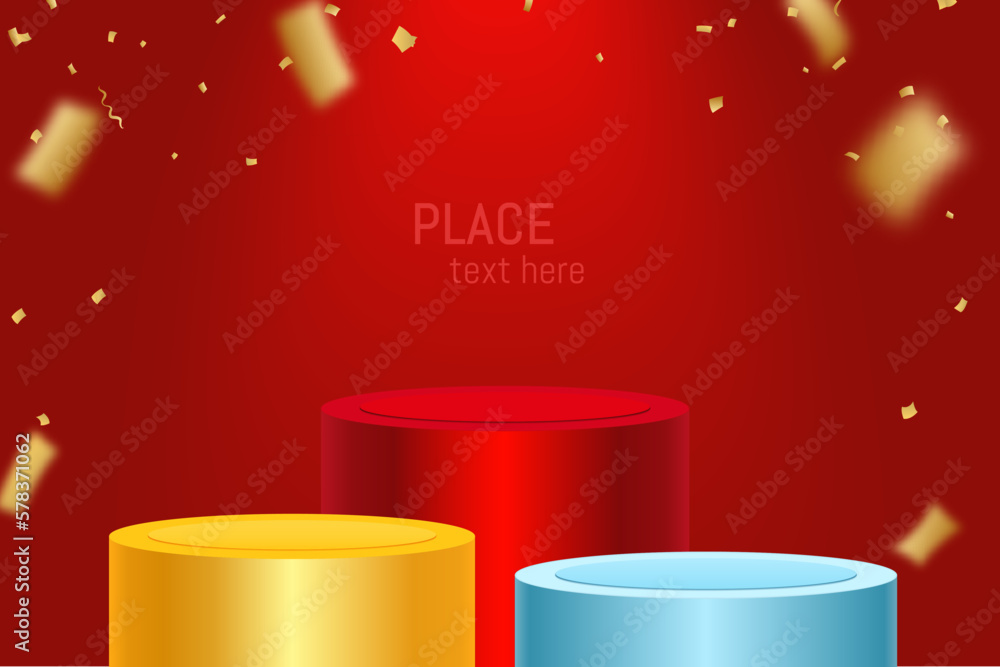 3 3d podiums. Three product stands on red background. Pedestals for ...