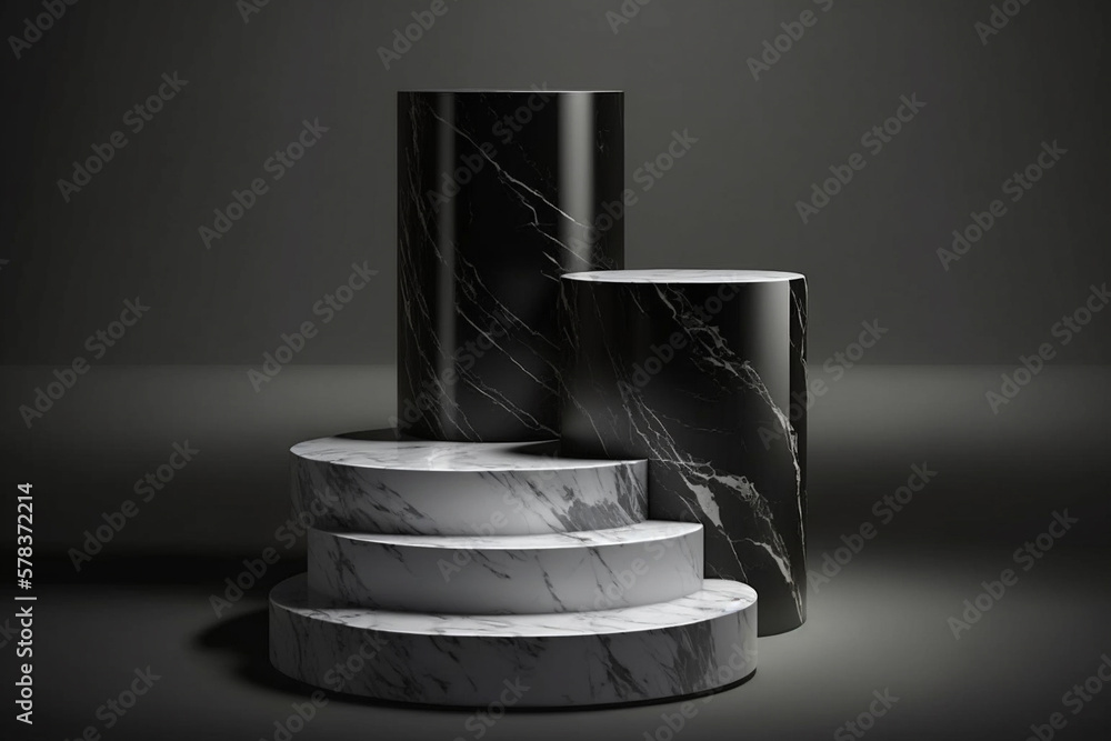 3d podium black marber platform cylinders with gold line border on edge ...
