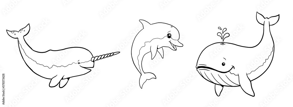 Cute narwhal, whale and dolphin to color in. Template for a coloring ...