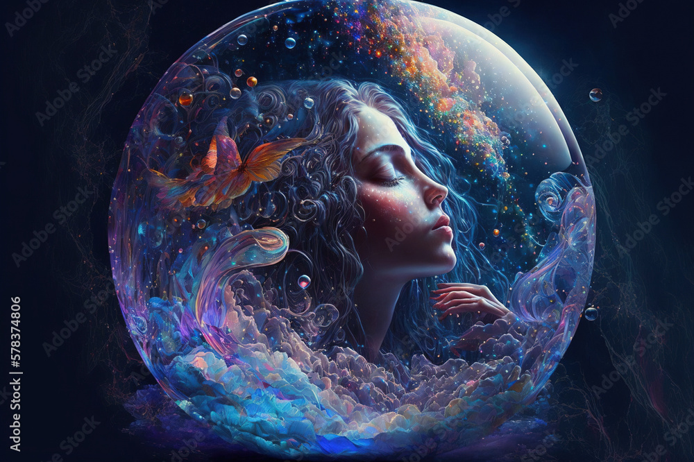 Abstract woman dream decorated by harmony and endless colors of star in ...