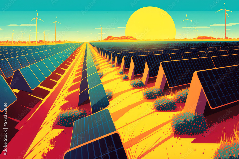 beautiful agrivoltaics scene at morning , with a fiery blue sky serving ...