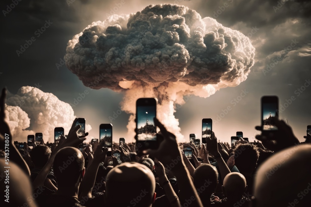 The end of the world, nuclear explosion cloud, crowd using many mobiles ...