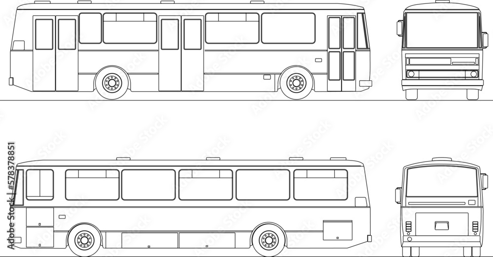 Vector sketch illustration of a passenger bus looking at various sides ...