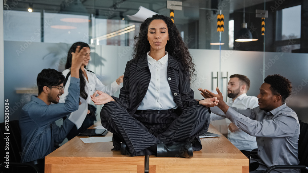 Calm businesswoman professional taking break meditating sitting at ...