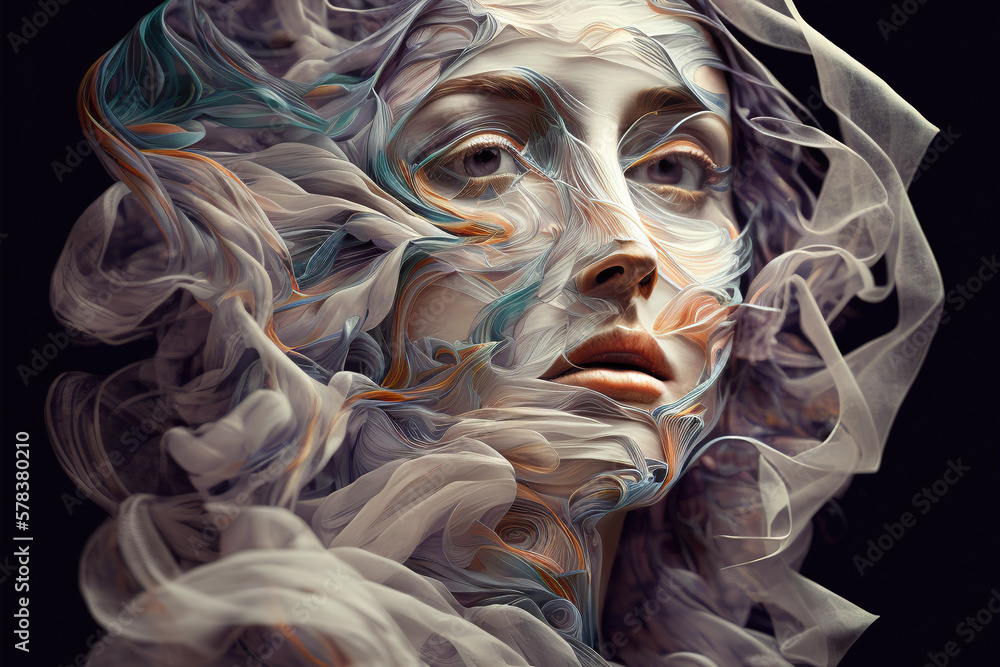 Abstract face of mystic lady glamour artistic mixing of face and fabric ...