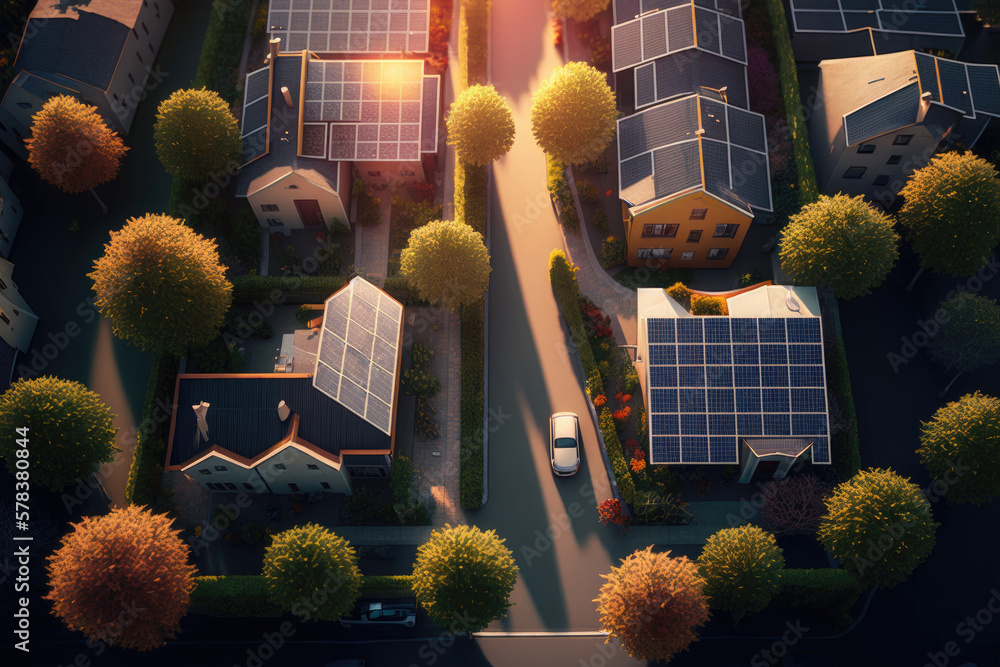 Generative AI illustration of eco friendly neighborhood with solar ...